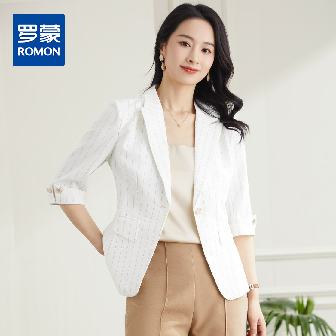 罗蒙夏季女装轻薄短袖小西装外套女士时尚休闲通勤百搭条纹单西服