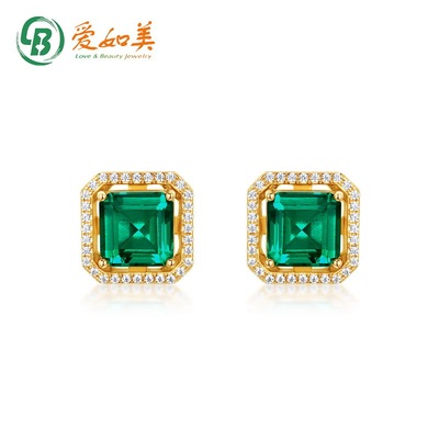 轻奢培育祖母绿耳钉高级S925银渡18K金PT950铂金耳环女双戴款耳饰