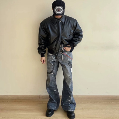美式街头24SS重置1981M康利数码印花泼墨宽松baggy裤链牛仔裤男女