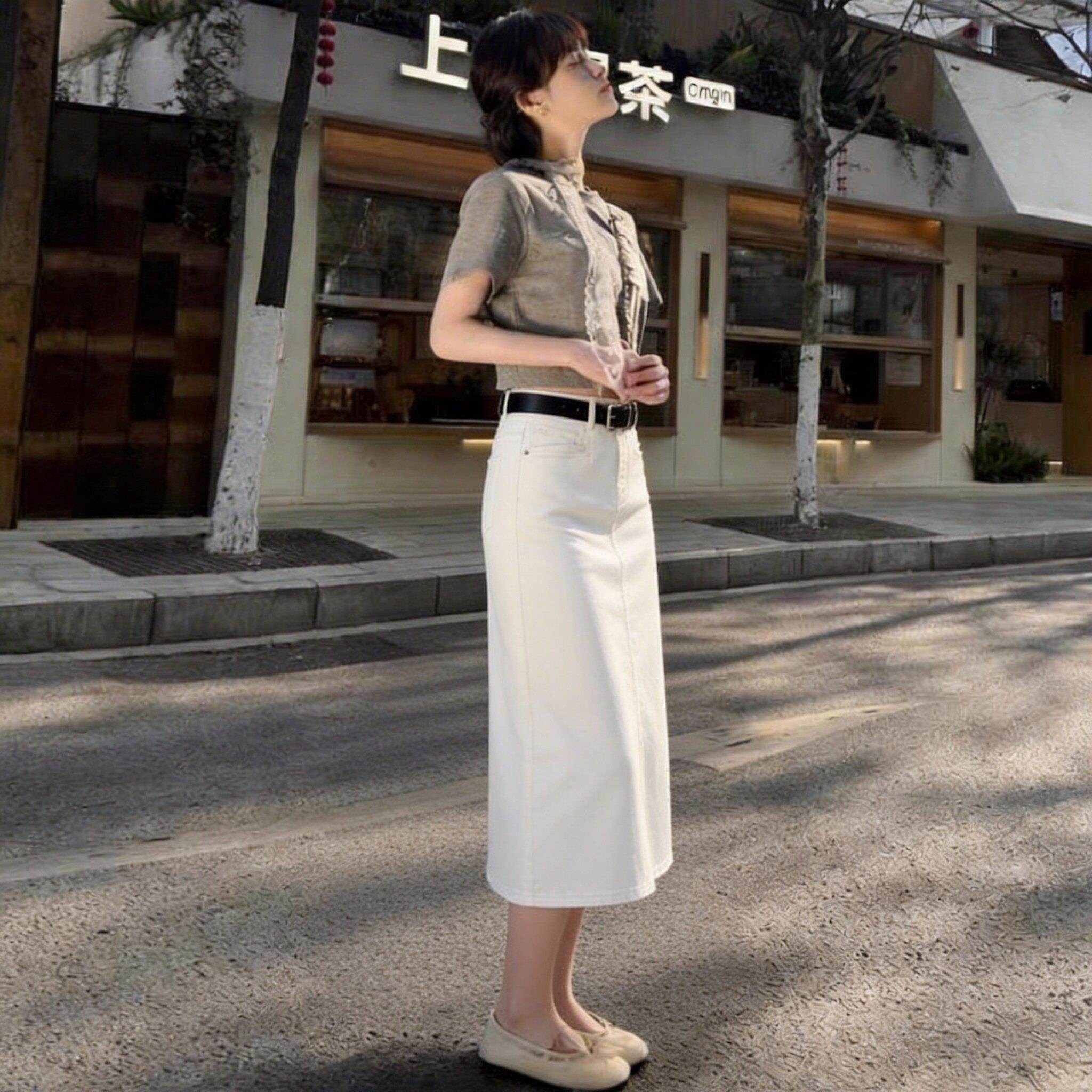 白色高腰牛仔半身裙女春夏小个子紧身性感纯欲风防走光A字包臀裙