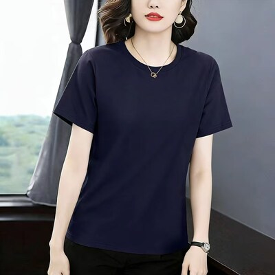 2026新款纯棉短袖t恤女夏装宽松大码深蓝色百搭纯色打底衫上衣