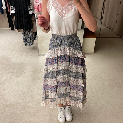 碎花拼接多层荷叶边长款半身裙