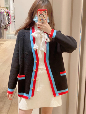 撞色边单排扣学院风外套针织开衫