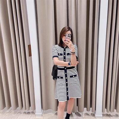 2025早春新款女装条纹圆领短袖收腰短款连衣裙MFPRO04060