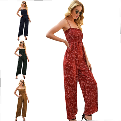 Polka dot print suspenders wide-leg jumpsuit women阔腿连体裤
