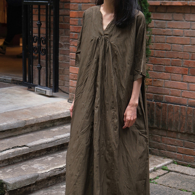inLESS丨屿麻纪 isola e lino 褶皱丝棉花苞连衣裙