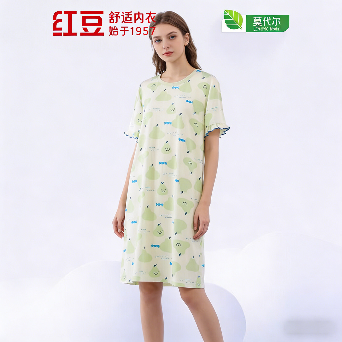 红豆居家莫代尔睡裙女夏季薄款短袖卡通印花透气舒适内衣圆领睡衣