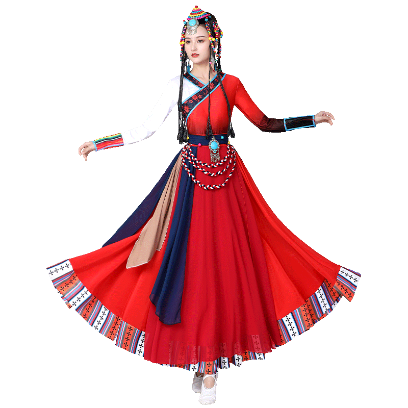 少数民族红色卓玛大摆长裙演出服