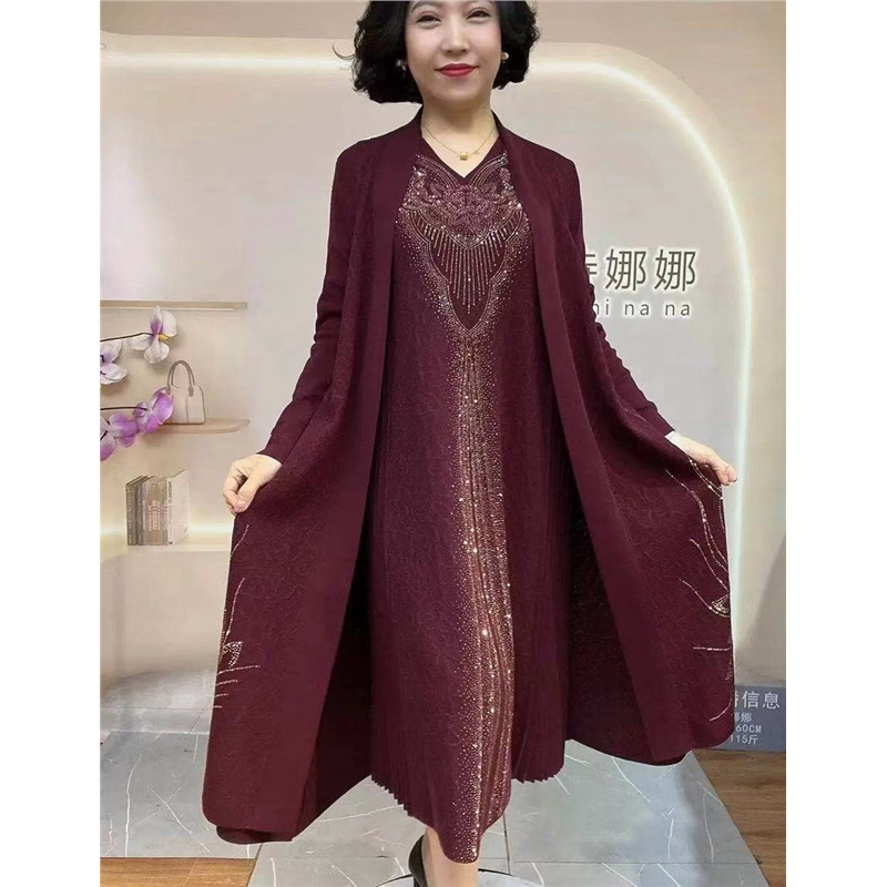 重工妈妈婚宴礼服冰麻针织时尚两件套v领镶钻长款连衣裙开衫外套