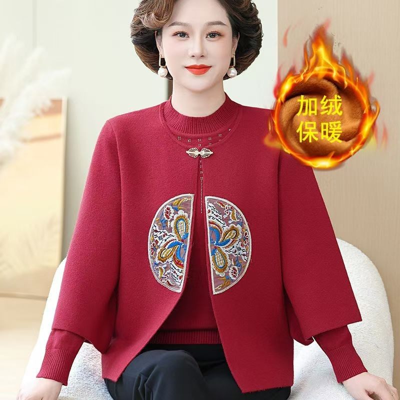 梵猫2025新款妈妈装秋冬装中国风加绒加厚针织开衫上衣小衫中老年