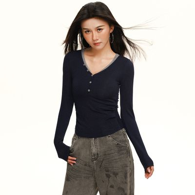 欧货V领纽扣长袖T恤女收腰秋冬设计感莱赛尔天丝卡腰纯色别致上衣