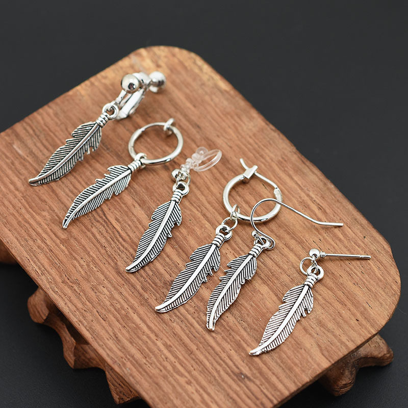 Fashion Men Punk Earrings Feather Tassel Long Chain Pendant