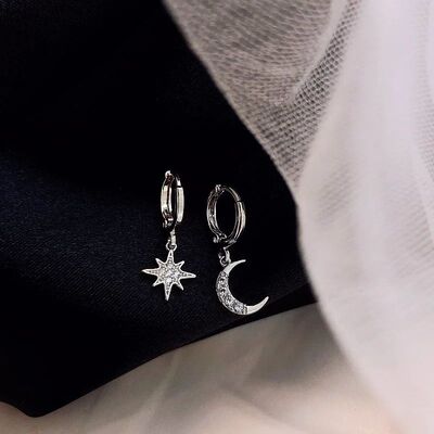 Sterling Silver CZ Star Moon Asymmetric Hoop Earrings for