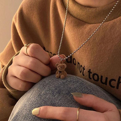 Cute Plush Bear Pendant Necklace for Girls Women Korean