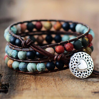 Vintage Leather Bracelets 6MM Matte Stone 3 Strands Wrap Bra