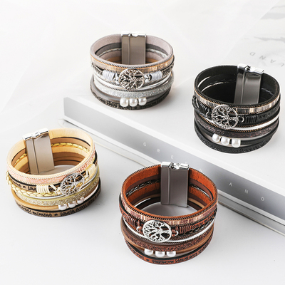 WYBU Leather Wrap Bracelet For Women Charm Pearl Magnet Buck