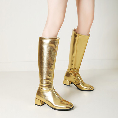 皮靴舞台表演模特走秀粗跟中跟高筒靴女金色银色靴子大码女靴PCSA