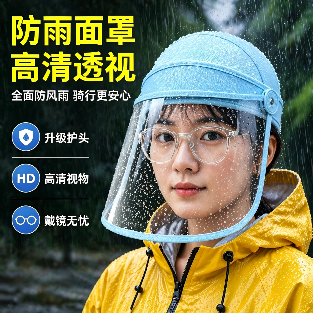 防雨面罩骑电动车防雨面罩防风帽骑行神器挡雨帽檐面屏防护透明面