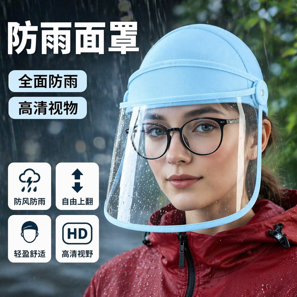 防雨面罩骑电动车防雨面罩防风骑行神器挡雨帽檐面屏防护透明面具