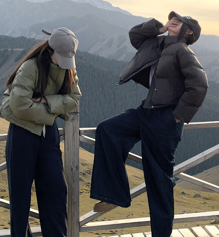免洗PU皮羽绒棉服女短款新款冬季加厚宽松立领面包服时尚外套棉衣