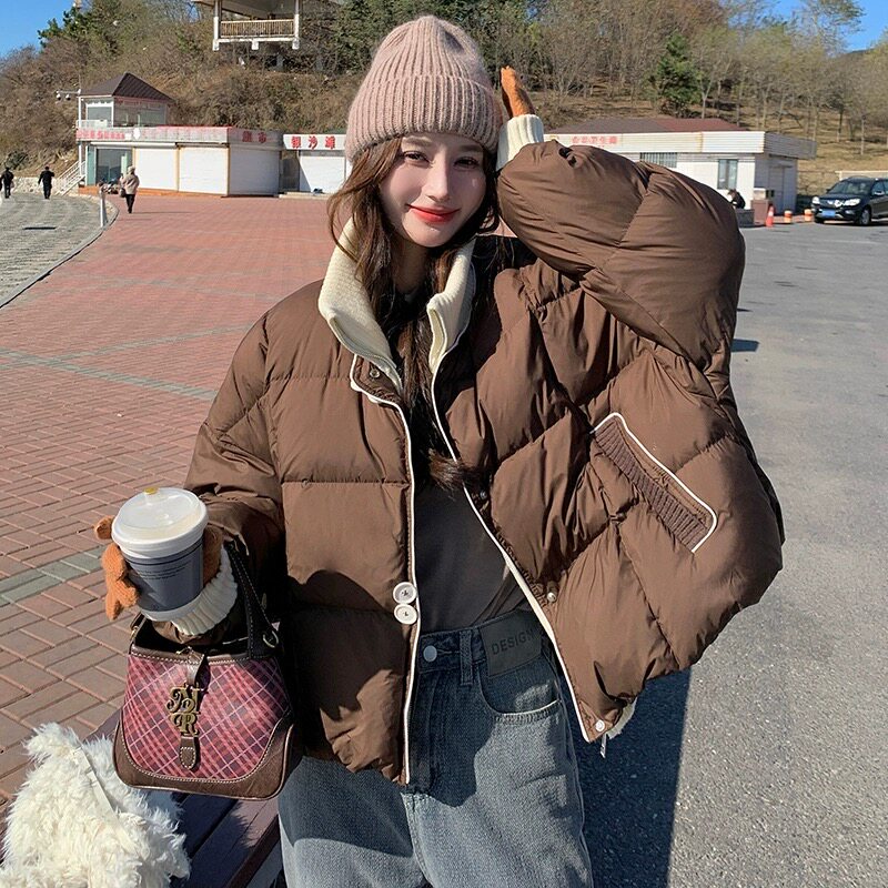 流行爆款小香风撞色白鸭绒羽绒服小个子立领面包服外套女冬棉衣服