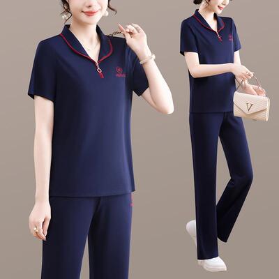 中动老年冰丝运服套洋装108721女翻夏季新款时尚气领休闲长裤两件