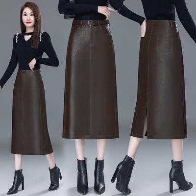 海宁长真皮半身裙女秋冬绵羊皮中长H9538款包一步裙裙开叉臀裙