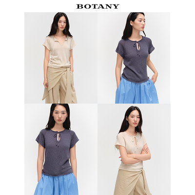 BOTANY天爽亚麻纱文艺休闲系带水滴领插肩袖针织衫