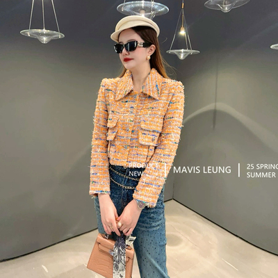 MAVIS LEUNG 巴黎小女人 美到心尖上橘蓝混色翻领口袋粗花呢外套