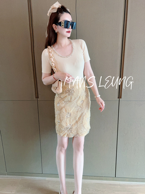 MAVIS LEUNG 巴黎小女人 优雅奶杏色重工亮钻圆领修身针织短袖