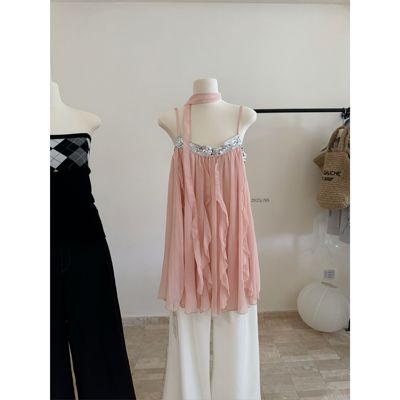 kubiliv私有浪漫珠片荷叶边海边度假纯欲露背抹胸吊带连衣裙