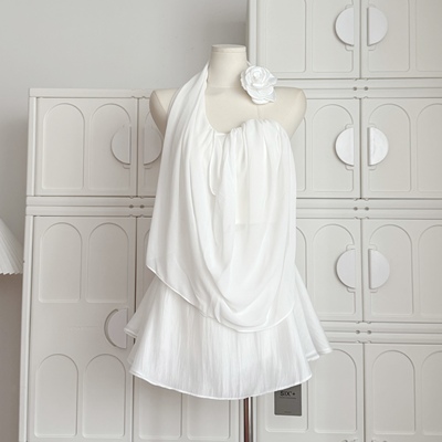 kubiliv海岛goddess手工花朵挂脖抹胸上衣短半裙氧感时尚套装