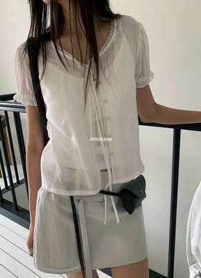 wearable Amy韩代 26春夏 东大门 系带蕾丝花边 短袖衬衫甜美微透