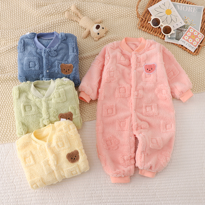 婴儿保暖连体衣宝宝哈衣秋冬加厚爬服男女按扣连身法兰绒睡衣