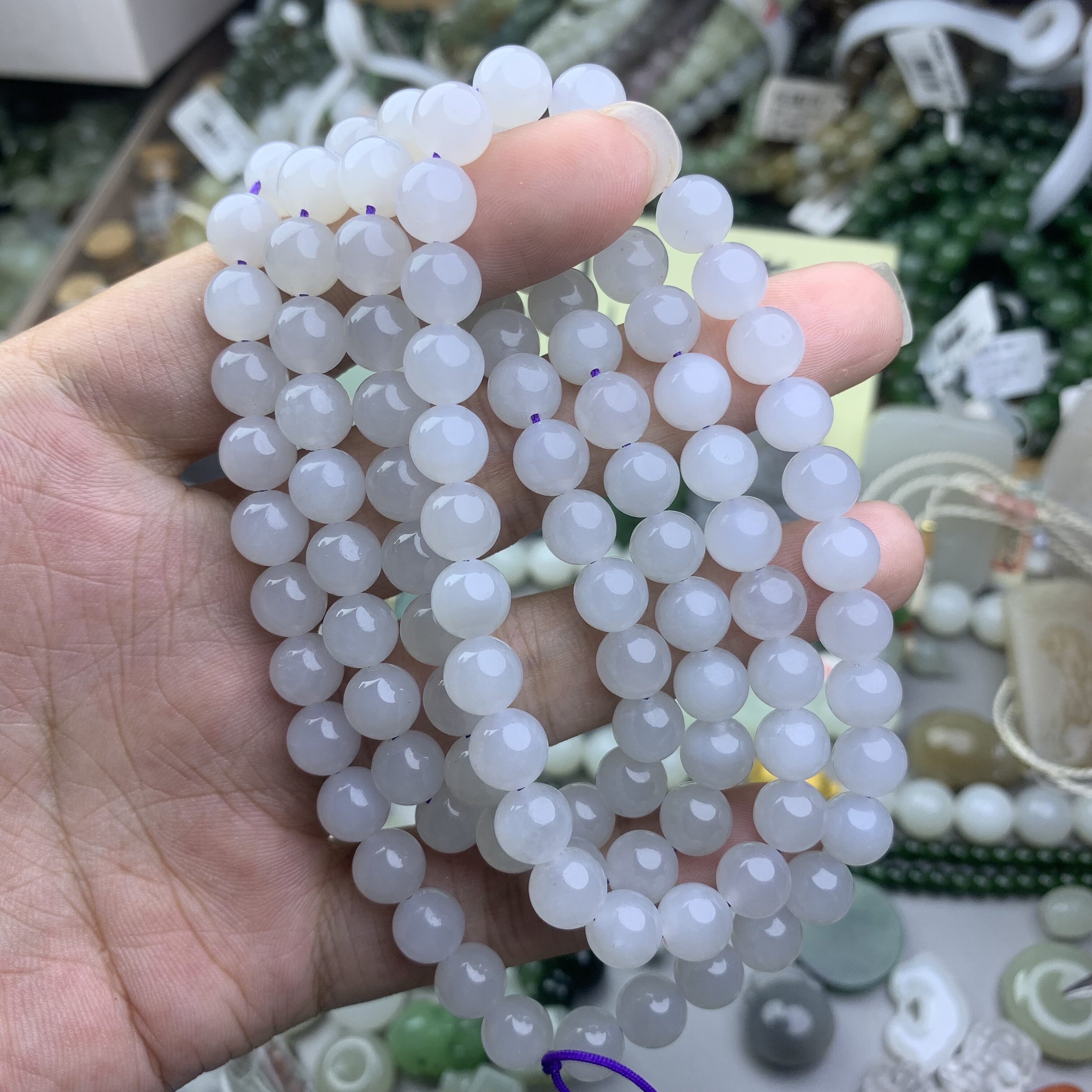 和田玉冰紫珠链和田玉高冰紫烟紫长串多圈8mm