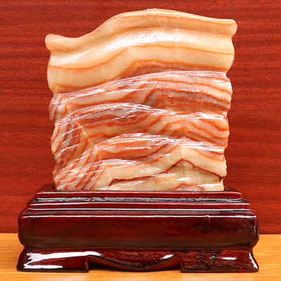 天然石材奇石摆件猪肉石桌面装饰雕刻石摆件13*15*3cm1135g