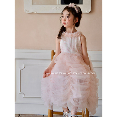 YFY夏季女童花瓣领蓬蓬裙公主裙连衣裙吊带粉色裙子碎花蛋糕裙