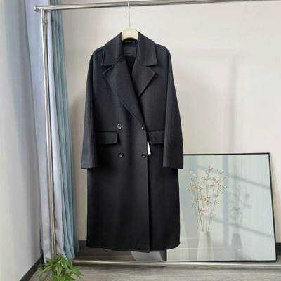 缘走戏班牙单气质百搭翻领双排扣手工羊毛双面呢大衣中长款外套女