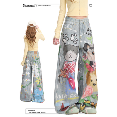 NERESUM卡通涂鸦印花牛仔裤