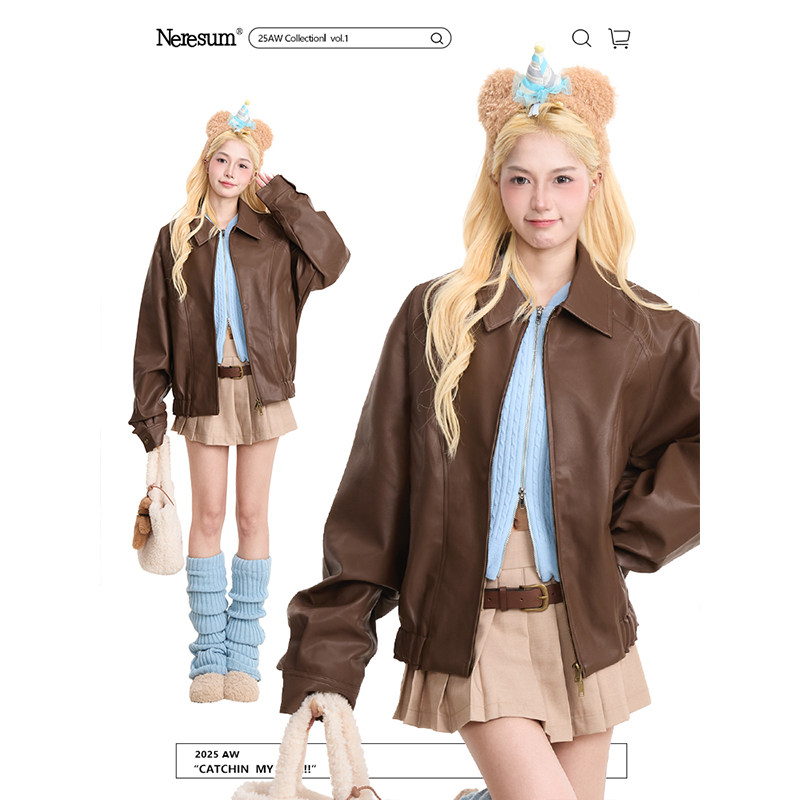 NERESUM机车风PU皮衣外套女美式复古秋冬街头百搭短款翻领夹克
