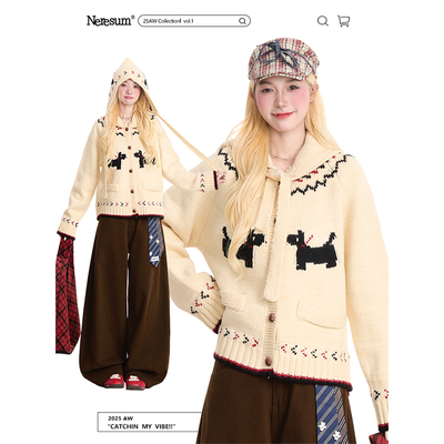 NERESUM小狗提花连帽开衫毛衣