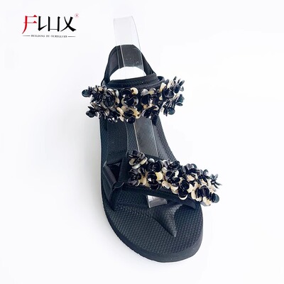 艺术感玳瑁手工法绣珠片沙滩凉鞋