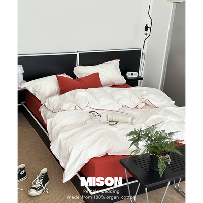 弥生独家【漫游者日记】素白密拷边水洗棉四件套全棉床单床笠款