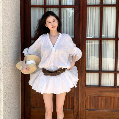 长袖刺绣提花拼接裙摆衬衫裙女