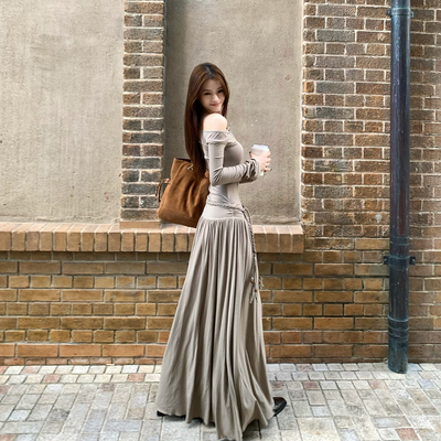 冬日内搭伴侣斜肩领长裙