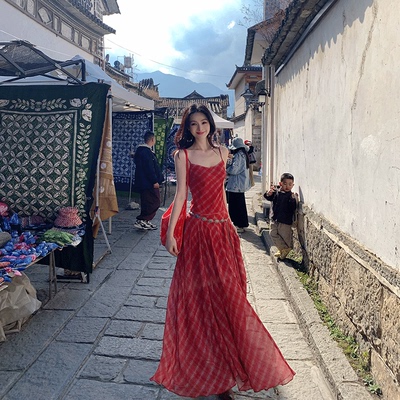 拼接红格子长款吊带14米连衣裙女