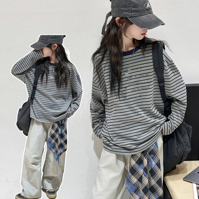 女童春秋打底衫2026新款中大童春装洋气长袖条纹儿童纯棉T恤