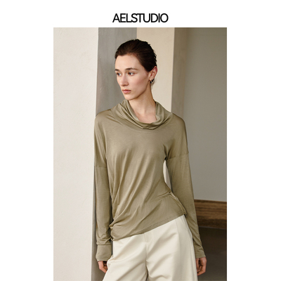 AEL原创不规则荡领天丝长袖t恤女2025秋新款打底衫内搭可外穿