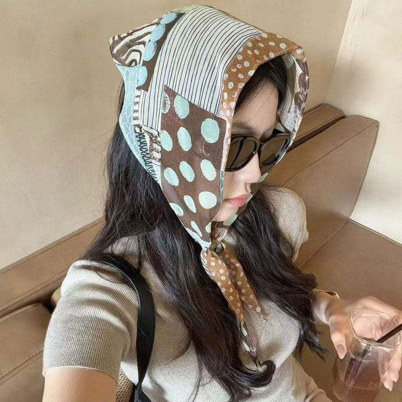 新款穿珠三角巾女乔其纱薄款装饰百搭丝巾飘带韩版护颈围巾包头巾