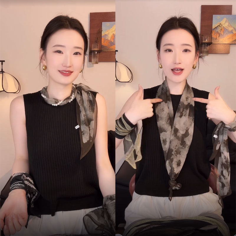 烟墨玫瑰170*28乔其纱长条巾斜角飘带高级感护颈丝巾防晒披肩围巾